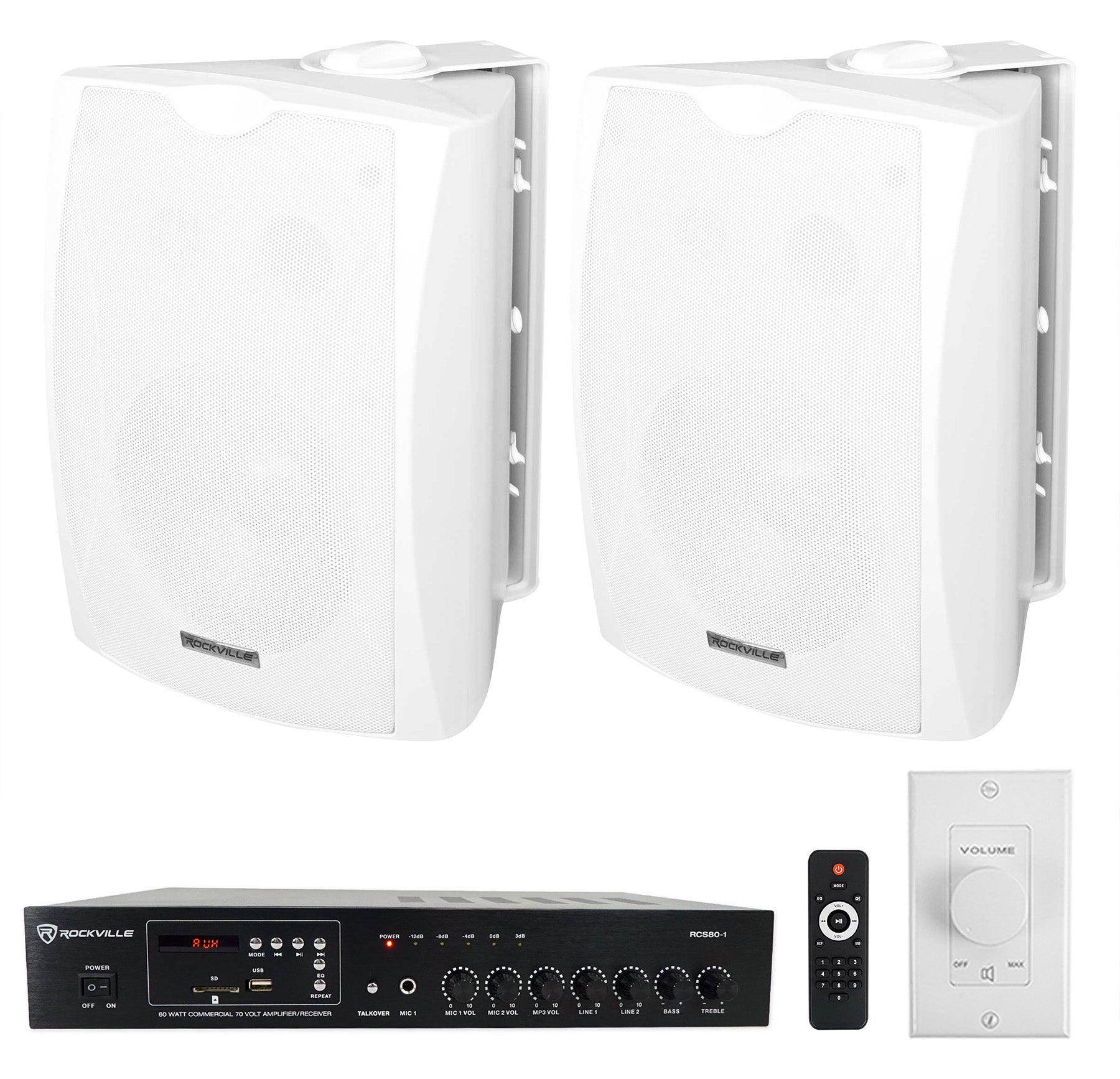 RCS80-1 60W Amplifier + WET-5W White Outdoor Speakers 2-Pack + VOL7010 ...