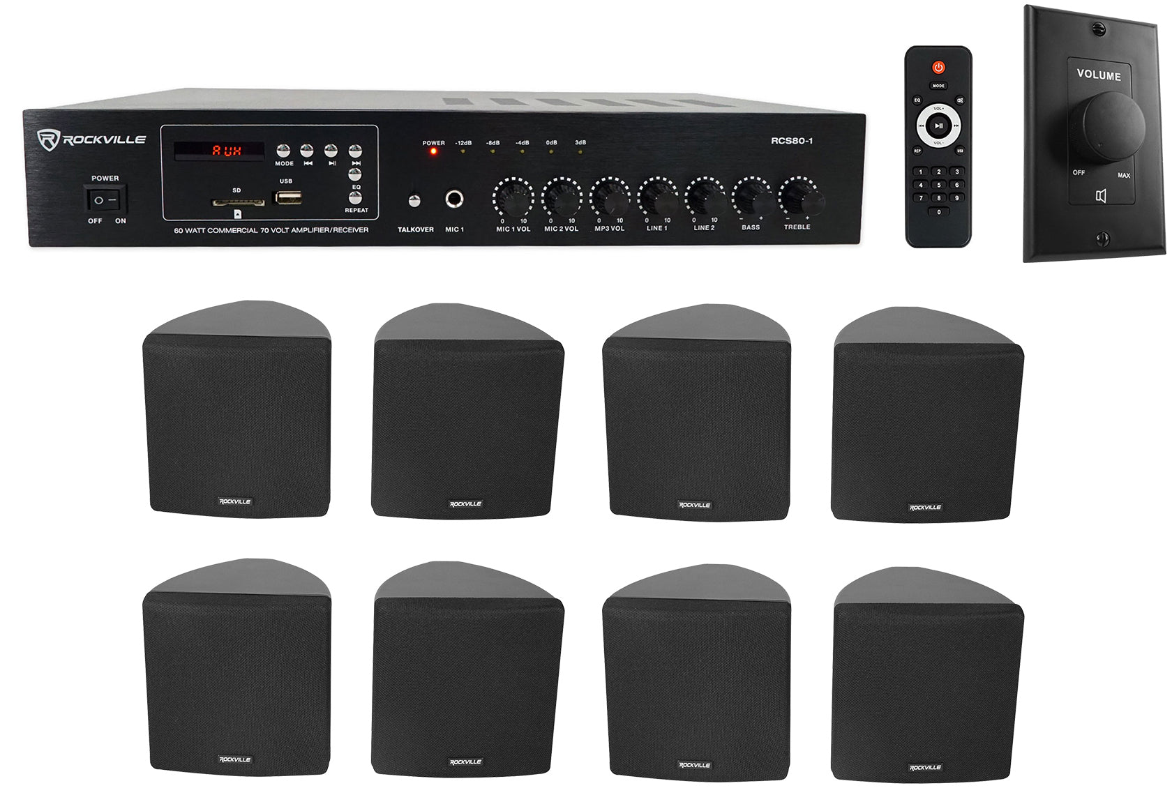 RCS80-1 4-Pack + Cube 70V Black + VOL70100 Black Bundle – Rockville