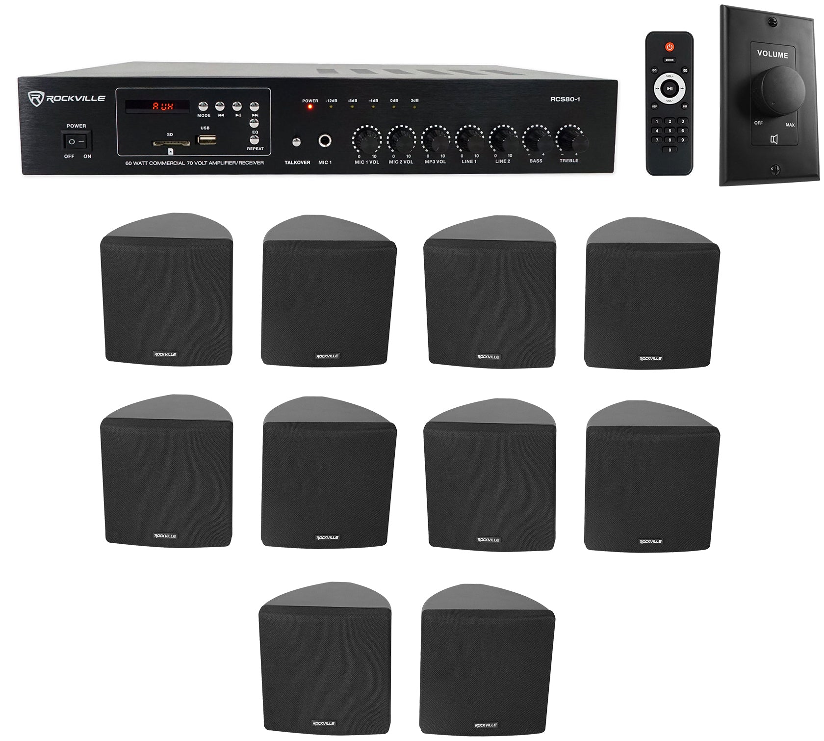 RCS80‑1 60W 70V Amplifier + Cube 3.5" Black 5-Pair Bundle – Rockville