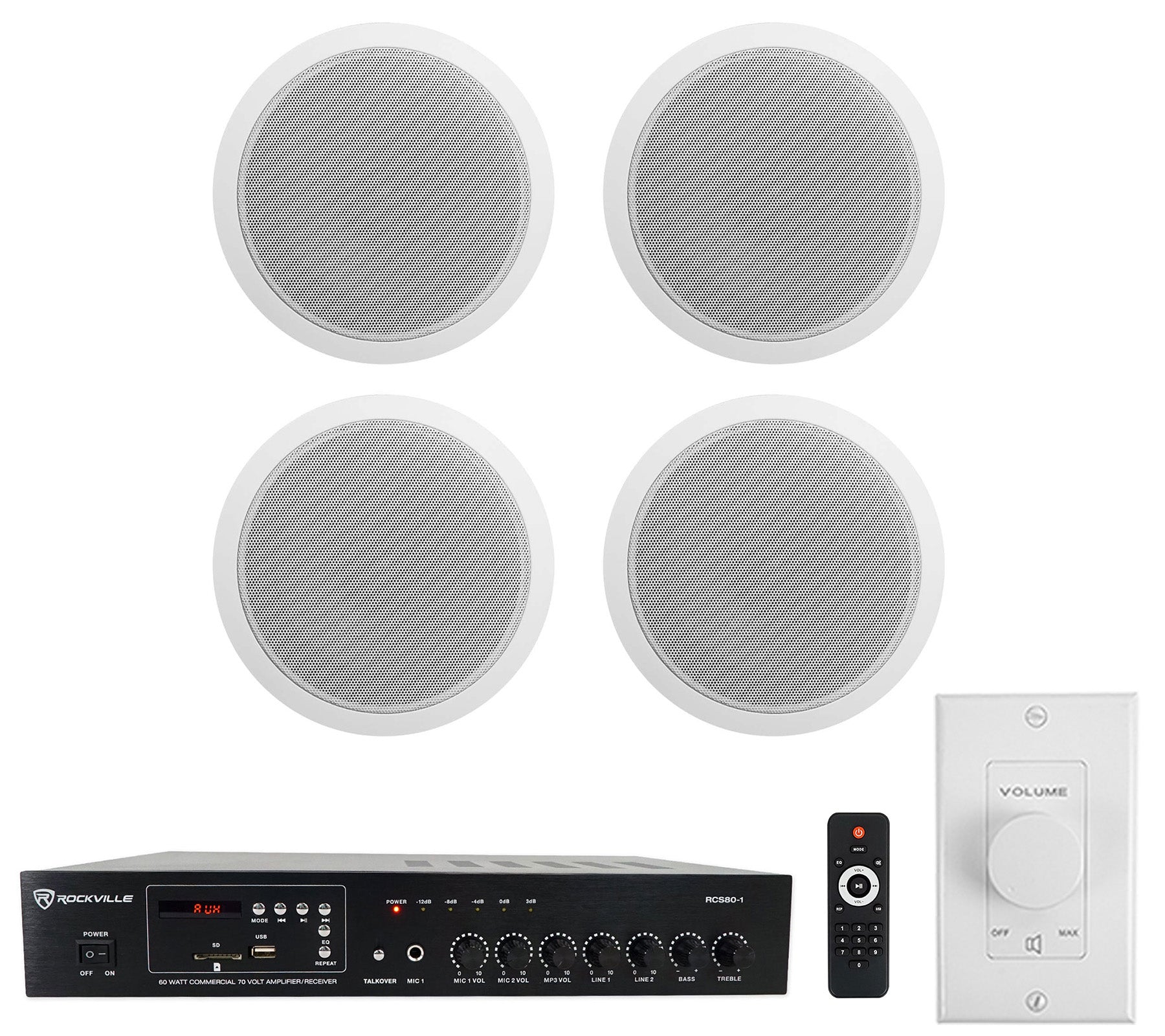 RCS80-1 Amplifier + CCL6T White 4-Pack + Wall Volume Control Bundle ...