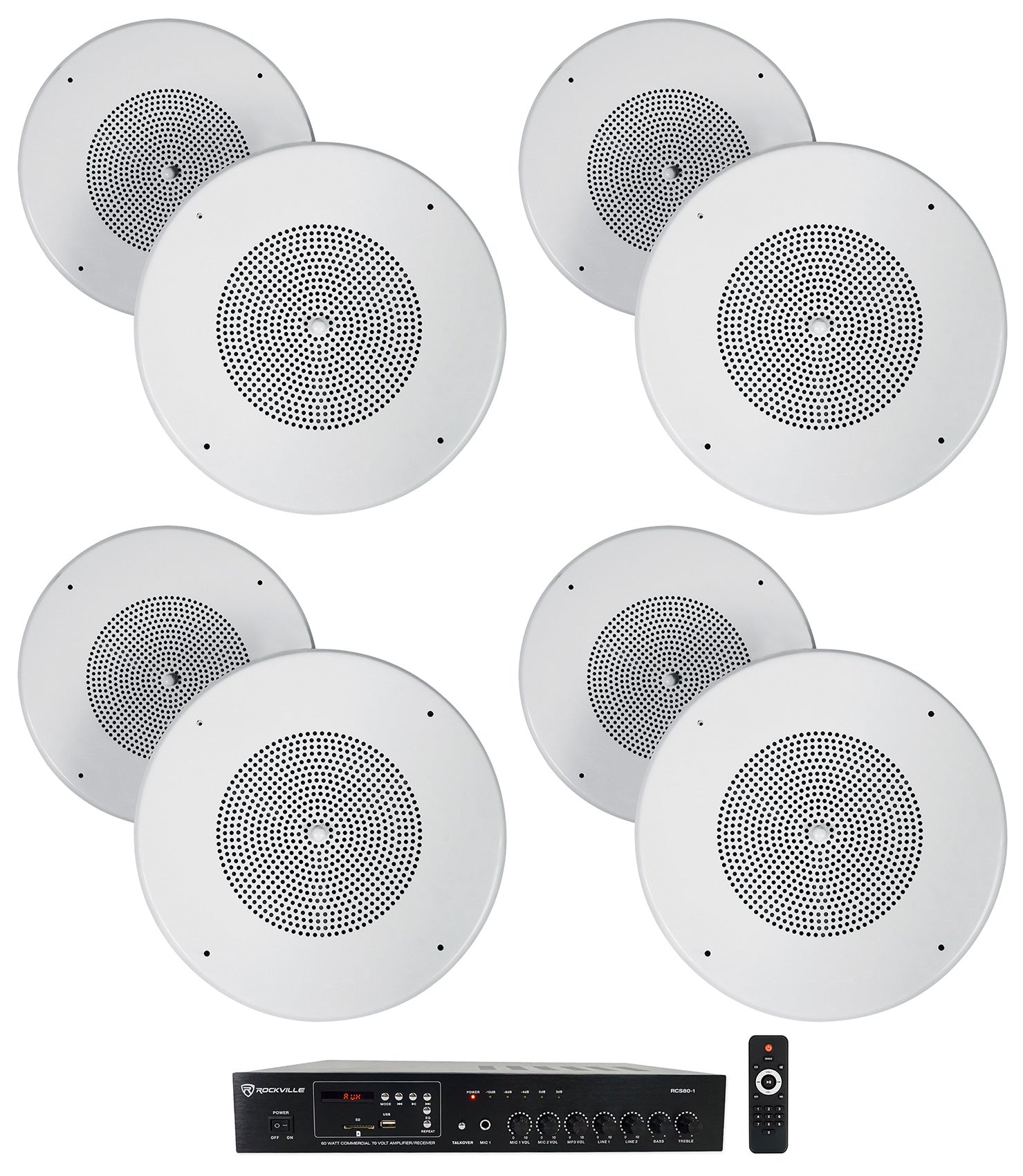 RCS80-1 60W Amp 4-Pack + MC80 8" Metal Ceiling Speakers Bundle – Rockville