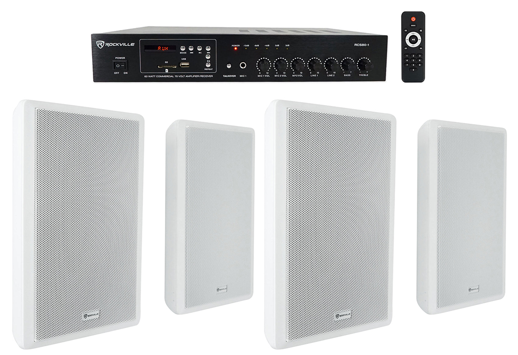 RCS80-1 60W Amplifier + RockSlim 70W White Wall Speakers 4-Pack Bundle ...
