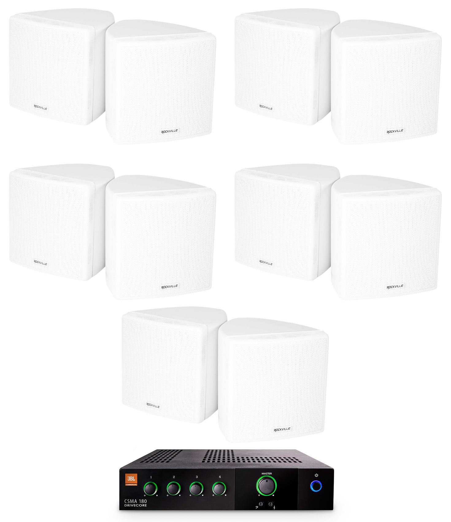 JBL CSMA 180 Commercial 70v Amplifier+10 White Cube Speakers For Resta ...